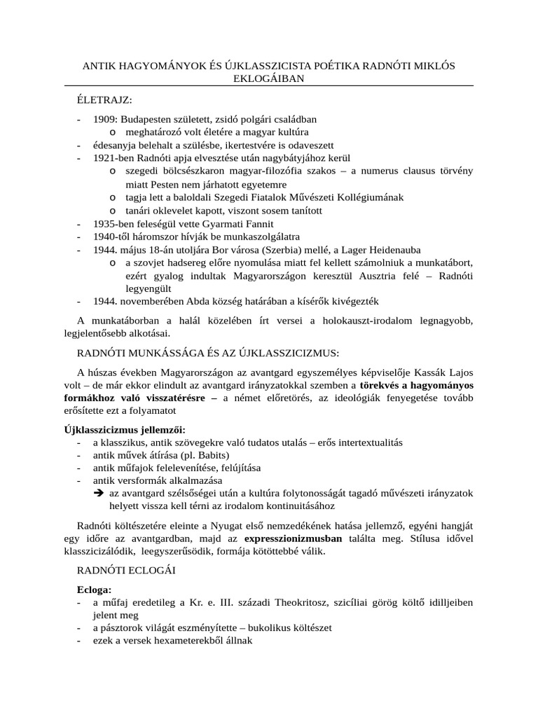Radnóti Eklogaköltészete - Emelt Magyar Irodalom Tétel | PDF