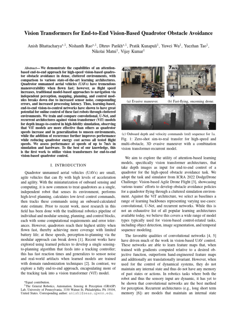 Vision - Transformers - For - End - To End Vision Based Quaddrotor Obstacle Avoidance | PDF ...