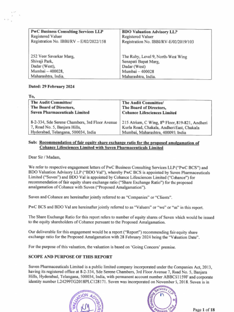 PWC Valuation Report-Exchange Ratio | PDF