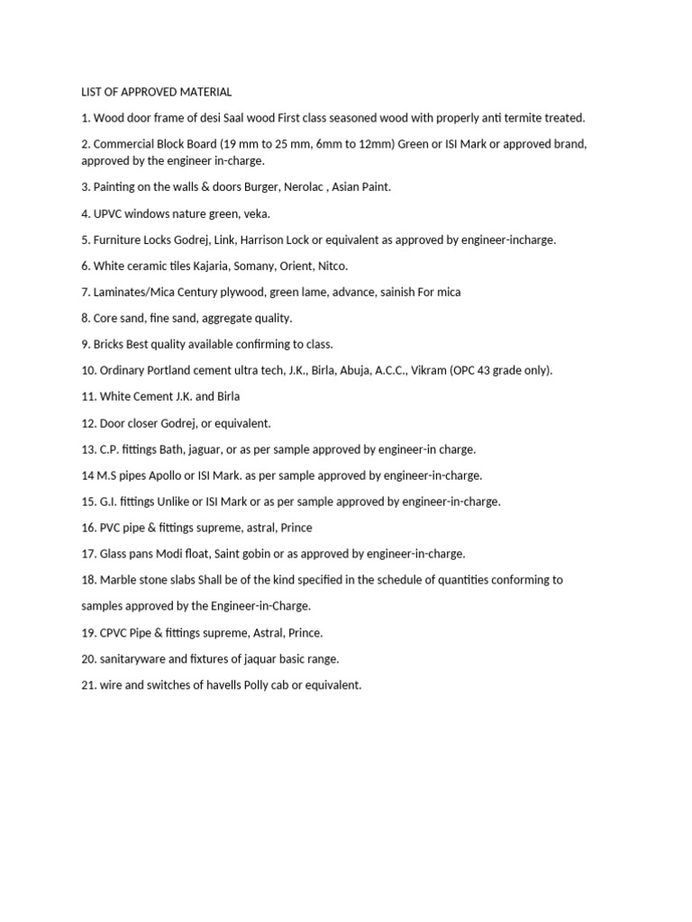 Approved Material List for Construction | PDF
