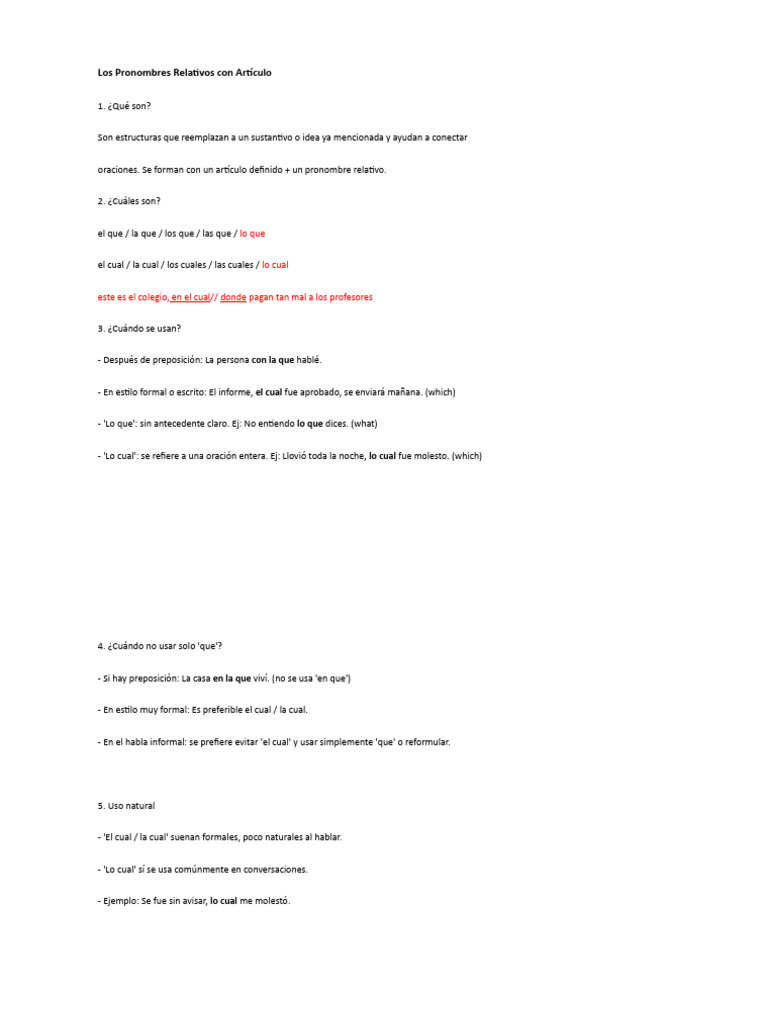 Pronombres Relativos Con Artículo | PDF | Pronombre | Lingüística