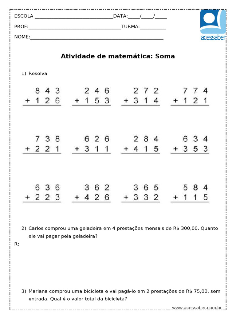 Atividade de Matematica Soma 3 Ano e 4 Ano | PDF
