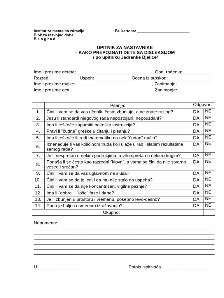 Upitnik Za Disleksiju-Nastavnike | PDF