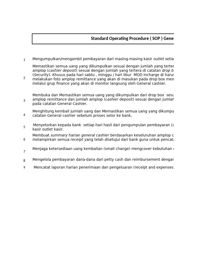 SOP General Cashier | PDF