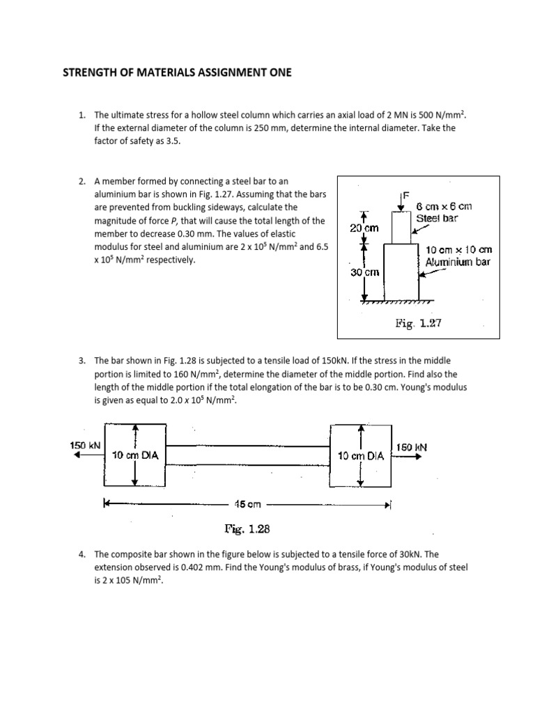 STRENGTH OF MATERIALS ASSIGNMENT ONE (1) | PDF | Young's Modulus | Strength Of Materials