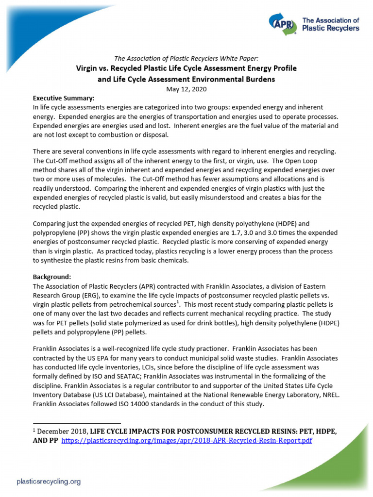 Virgin vs. Recycled Plastic Energy Analysis | PDF | Life Cycle ...