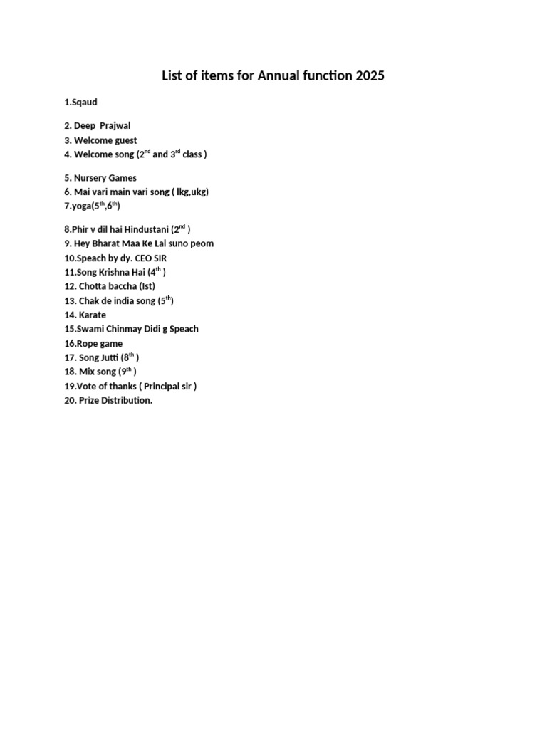 List of Items For Annual Function 2025 | PDF