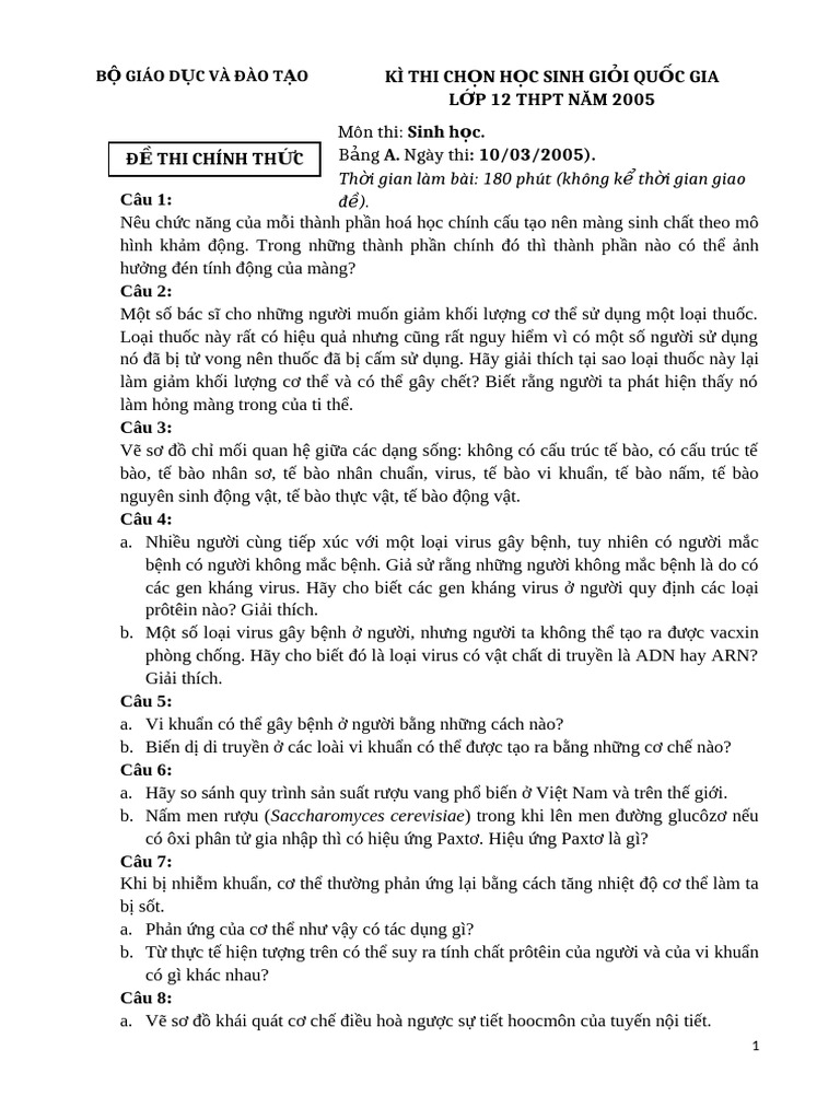 Ọ Ọ Ỏ Ố Ớ Ọ Ề Ứ: KìThichnhcsinhgiiqucgia L P 12 THPT Năm 2005 Sinh H C. A.: 10/03/2005) - Đ Thi ...