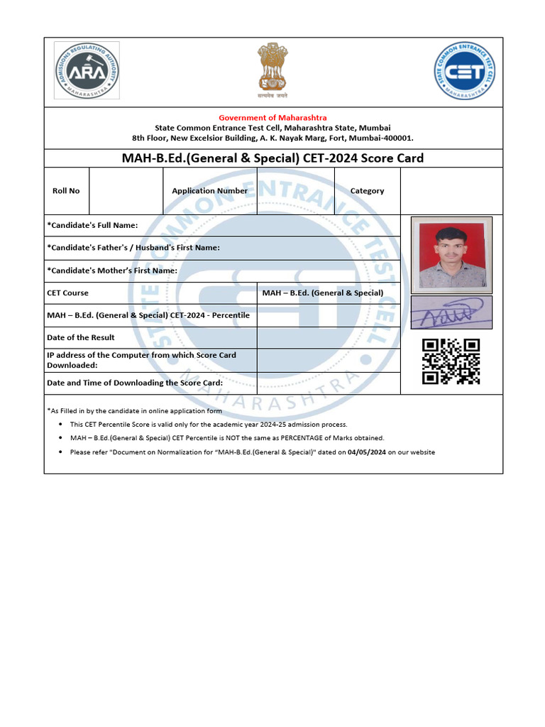 MAH-B.Ed. (General & Special) CET-2024 Score Card: 2411004216 247619766 ...