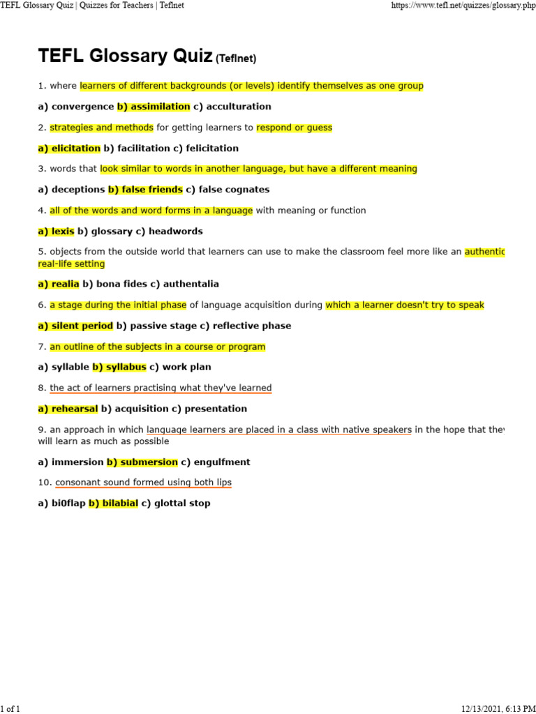 TEFL Glossary Quiz Quizzes for Teachers Teflnet | PDF