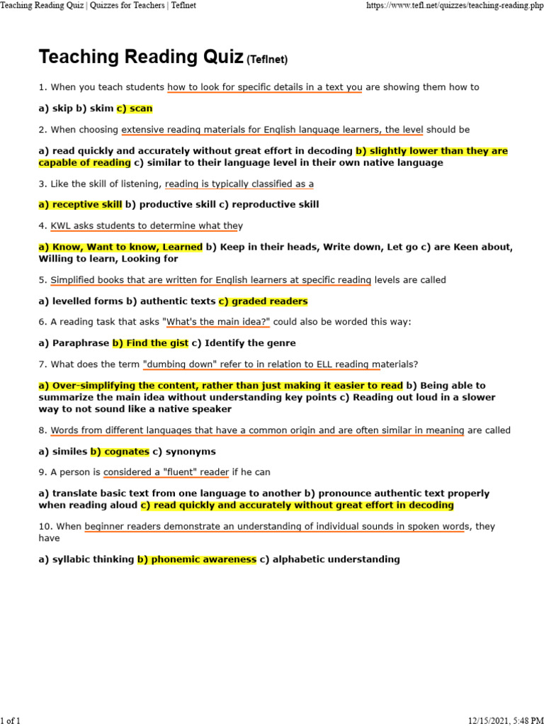 Teaching Reading Quiz Quizzes for Teachers Teflnet | PDF
