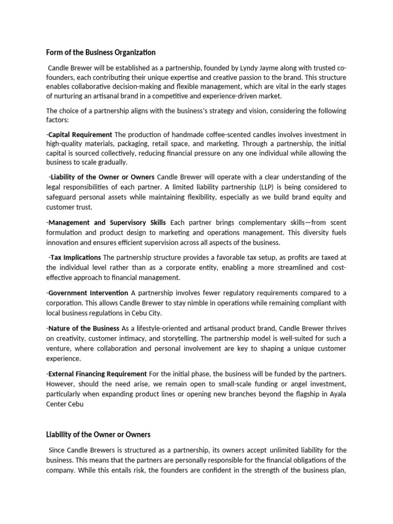 Organization Plan - Beboso Artiaga | PDF | Partnership | Business