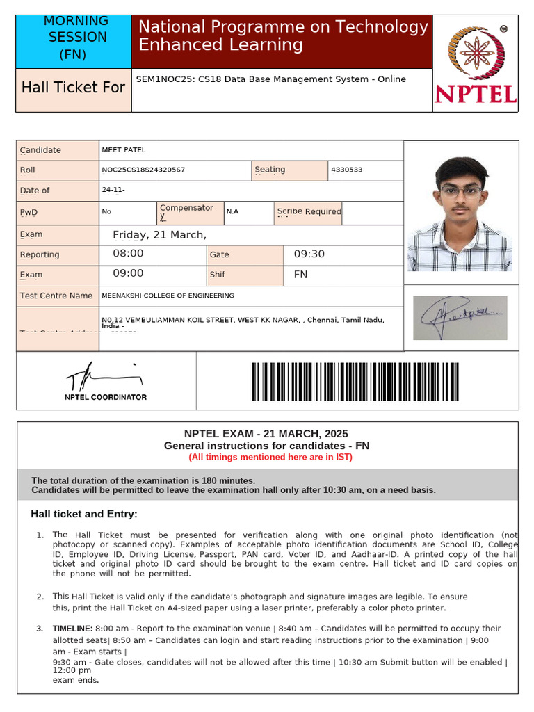 Nptel Hall Ticket | PDF | Identity Document