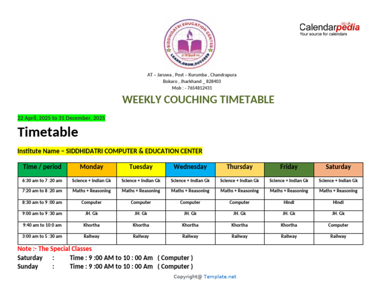 Free Weekly School Timetable Template | PDF
