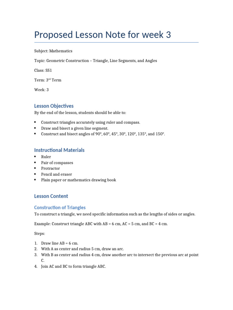 Geometric Construction Lesson Plan SS1 | PDF | Elementary Geometry ...