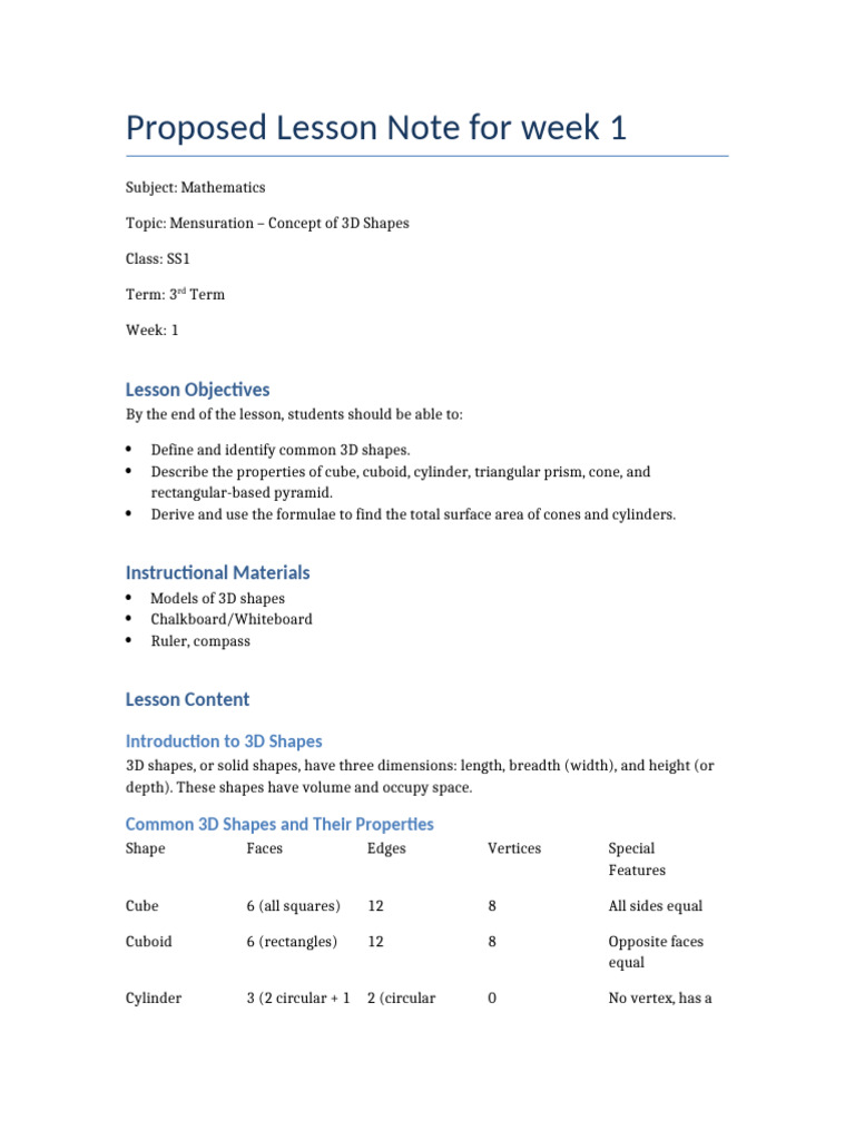 Mensuration 3D Shapes Lesson Note | PDF | Area | Triangle