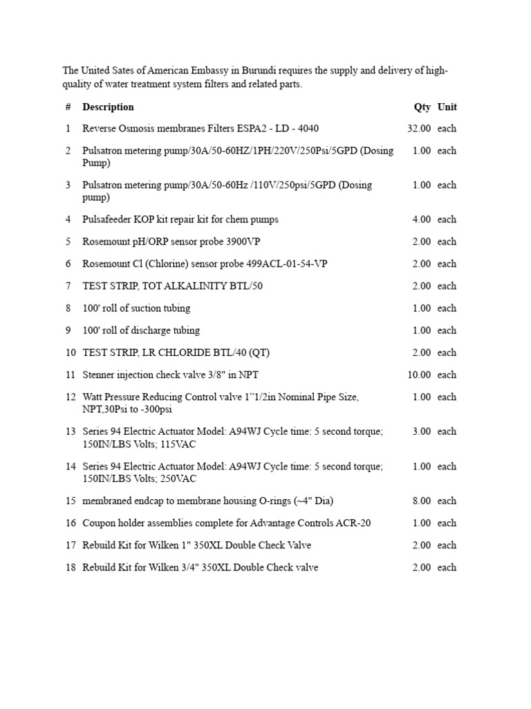 Water Treatment System Filters RFP | PDF | Pump | Chemical Engineering