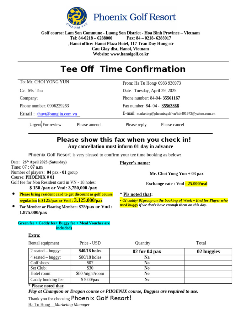 Mr. Choi Yong Yun - 26 April 25 - Tee Time Confirmation | PDF | Sports ...