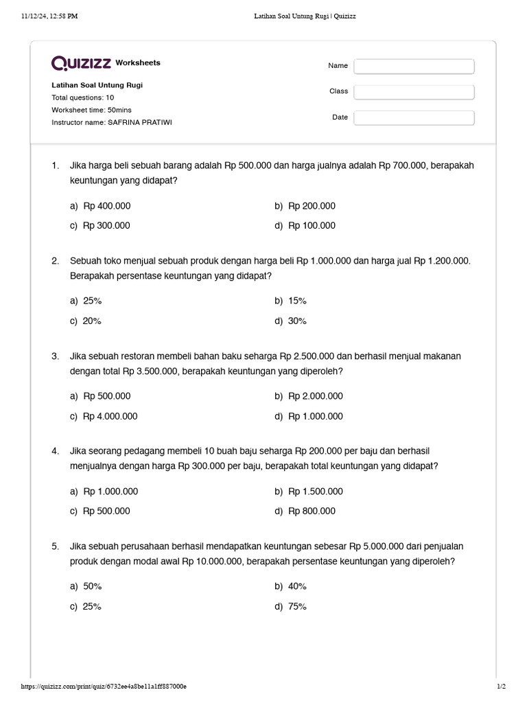 Latihan Soal Untung Rugi Kelas 7 | PDF