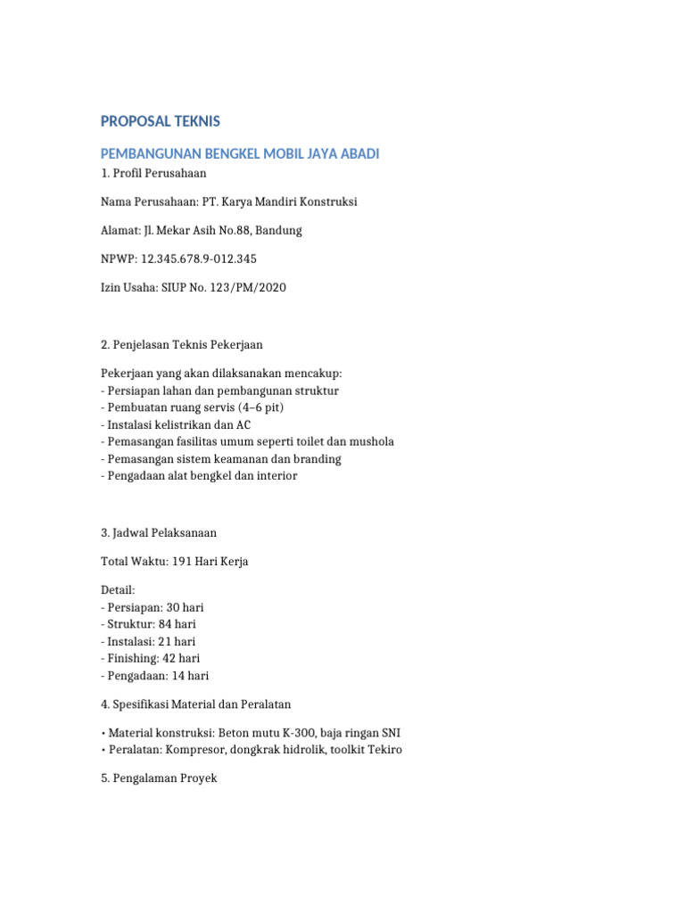 Proposal Teknis Bengkel Jaya Abadi | PDF