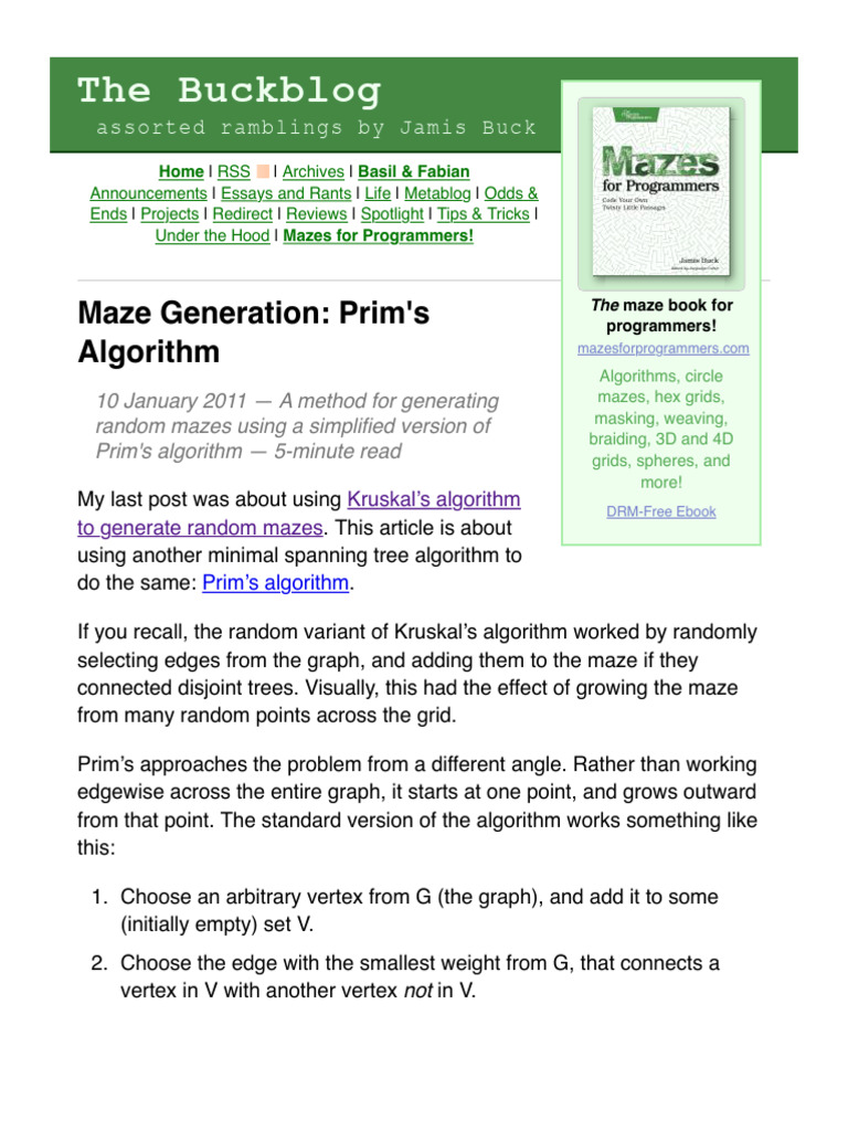 Buckblog- Maze Generation- Prim's Algorithm | PDF | Algorithms | Mathematical Relations