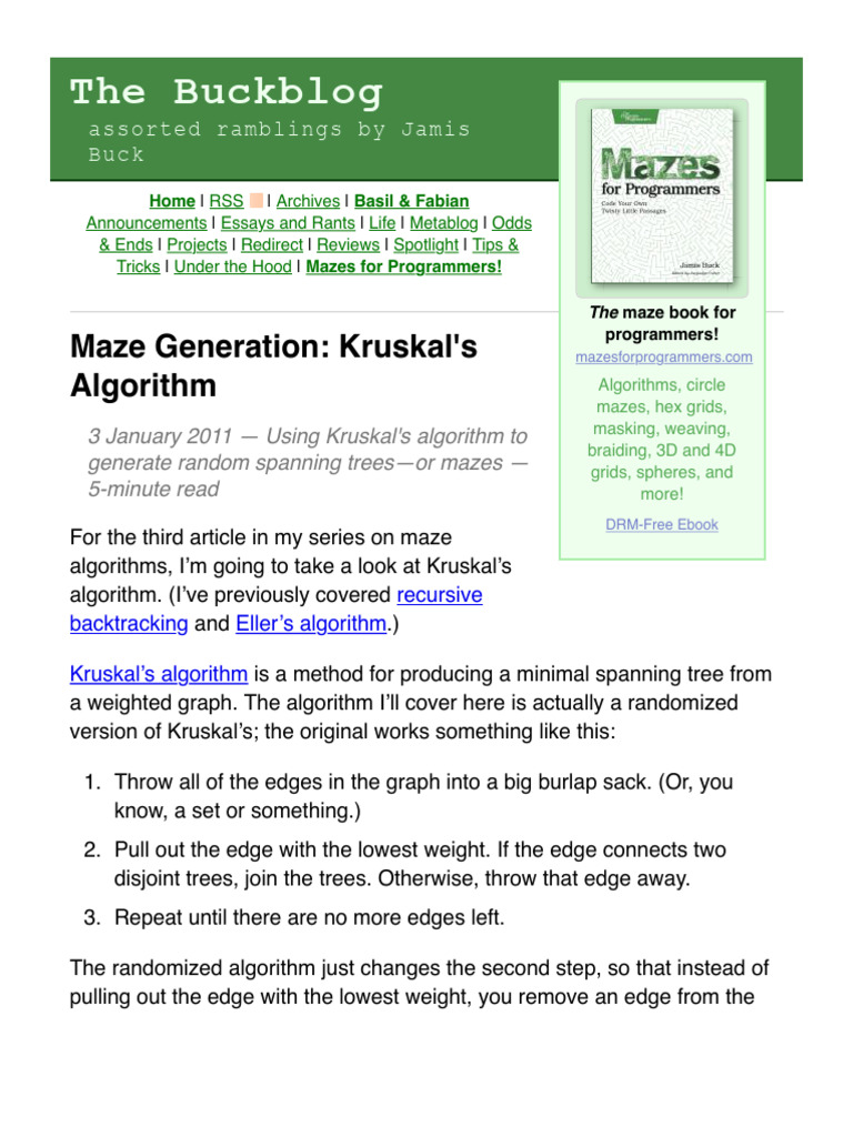 Buckblog - Maze Generation - Kruskal's Algorithm | PDF | Theoretical Computer Science ...