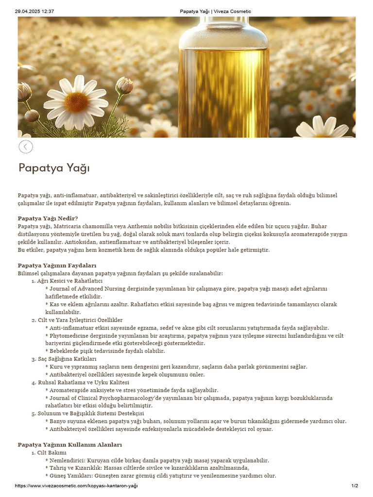 Papatya Yağı - Viveza Cosmetic | PDF