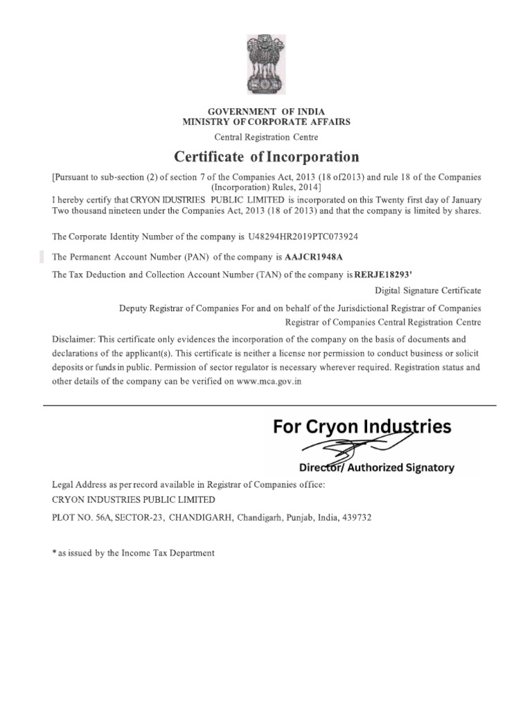 Cryon - Certificate of Incorporation | PDF