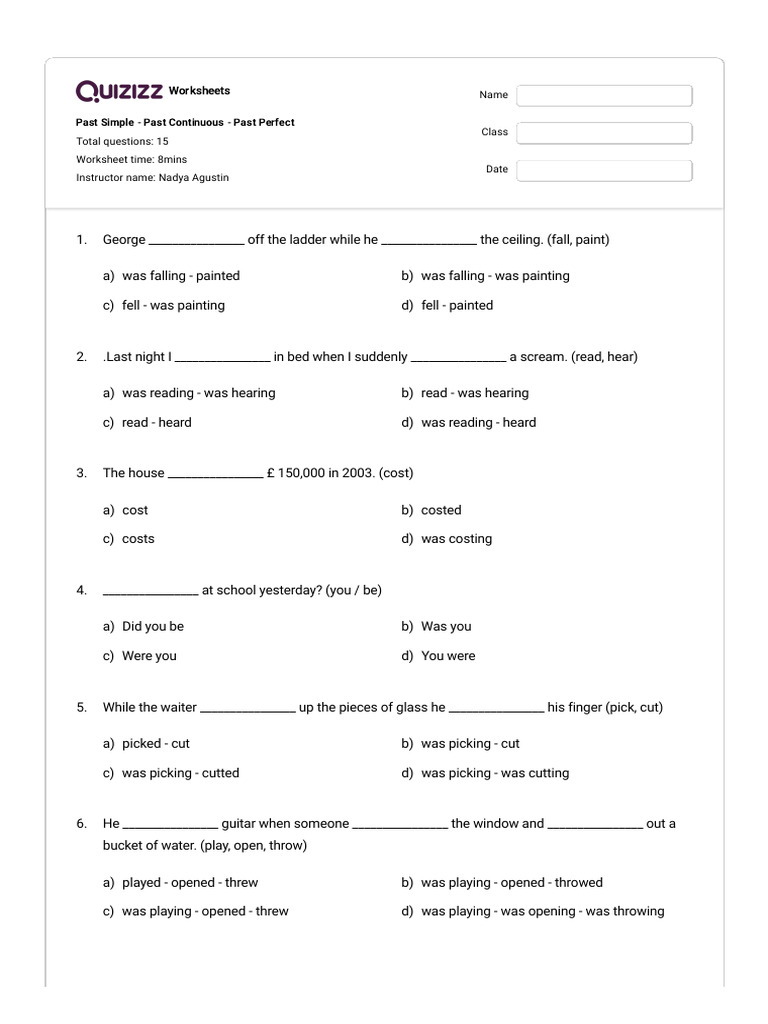 Past Simple - Past Continuous - Past Perfect _ Quizizz | PDF