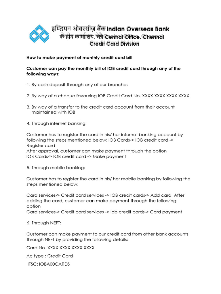 IOB Process of Credit Card Bill Payment | PDF