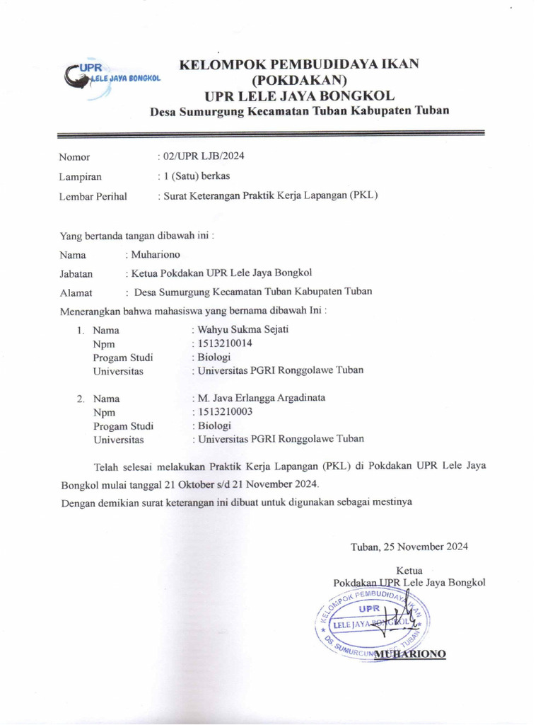 SK Selesai PKL | PDF