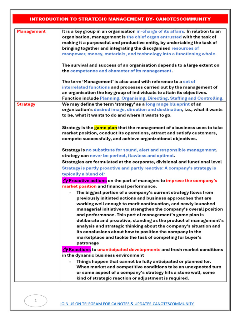 SM CH - 1 Summary+Imp Topics | PDF | Strategic Management | Goal