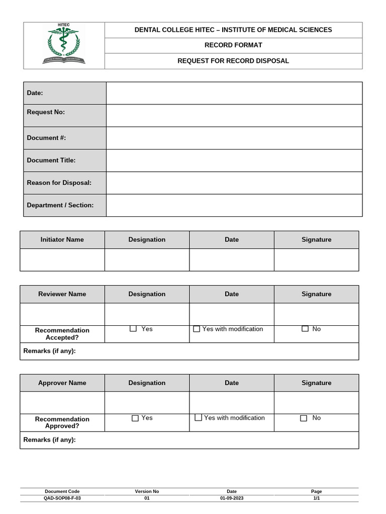 Doc. Disposal Request DQA F-15 | PDF