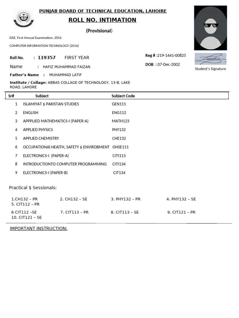 Roll No. Intimation: (Provisional | PDF