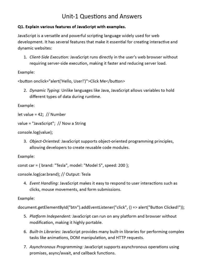Unit-1 Question and Answers | PDF | Document Object Model | Java Script