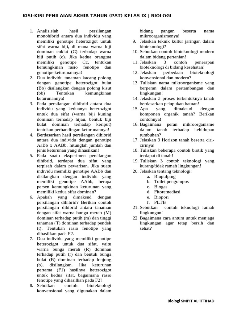 Kisi-Kisi Pat Bio New | PDF