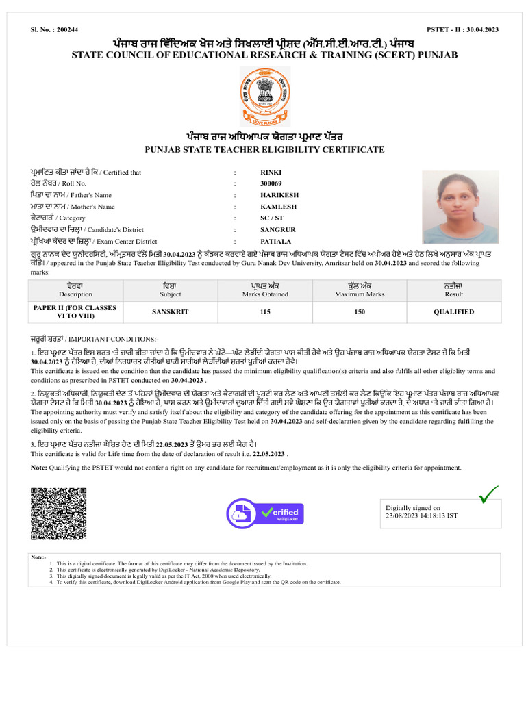 Org Ssapunjab scert-TETCR-30006922023 | PDF