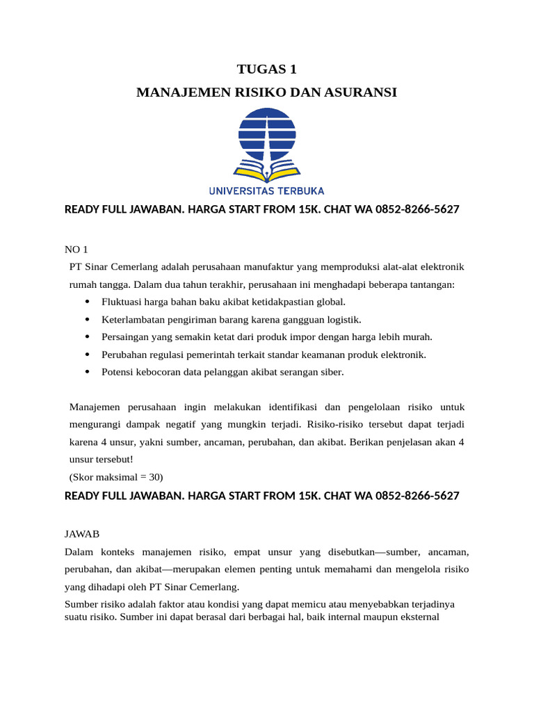 Tugas 1 - Manajemen Risiko Dan Asuransi | PDF
