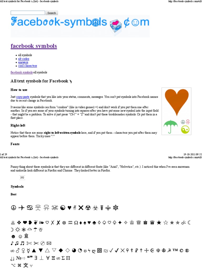 Facebook Symbol Codes Status