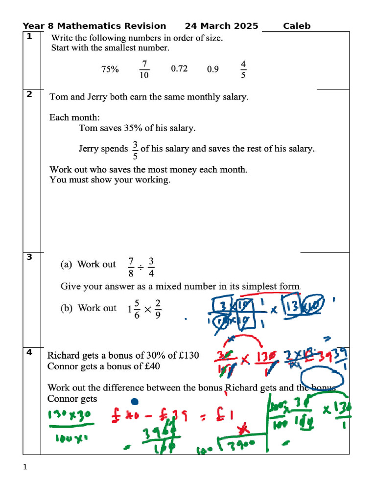 Year 8 Mathematics Revision 24 March 2025 Caleb | PDF