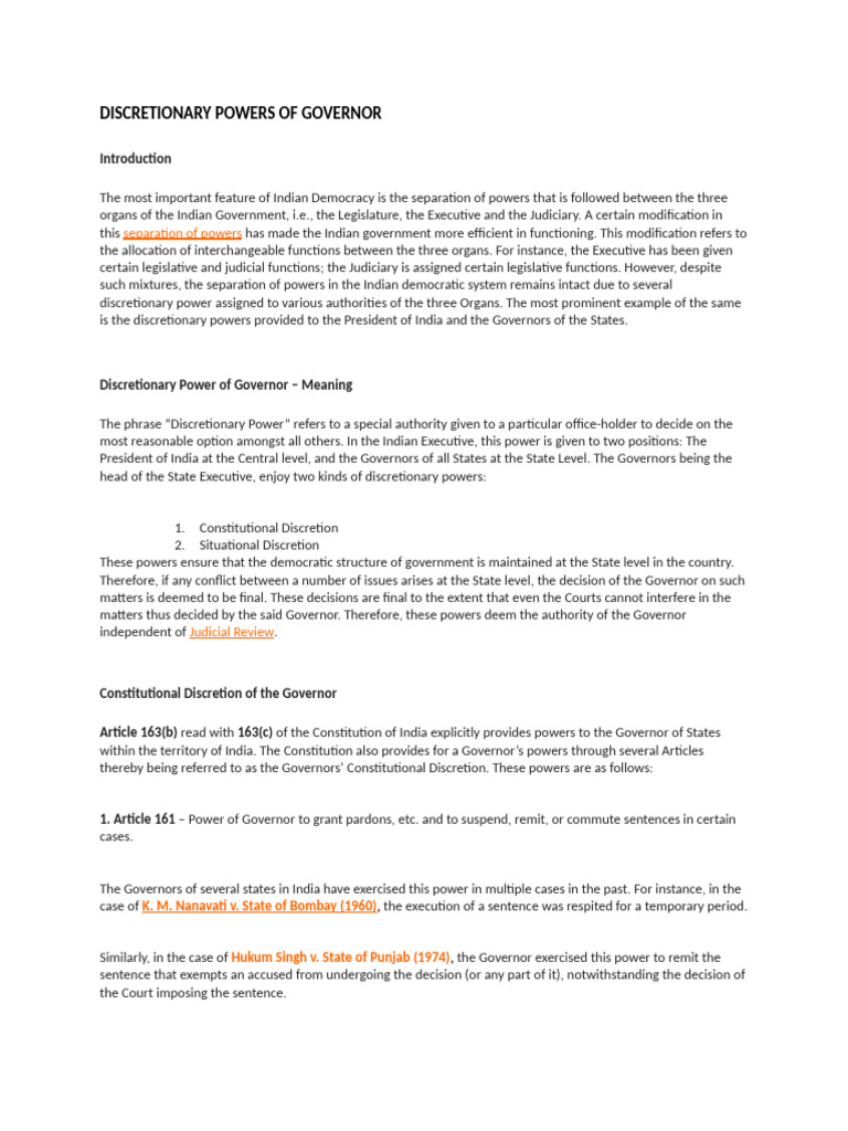 Discretionary Powers of Indian Governors | PDF | Separation Of Powers ...