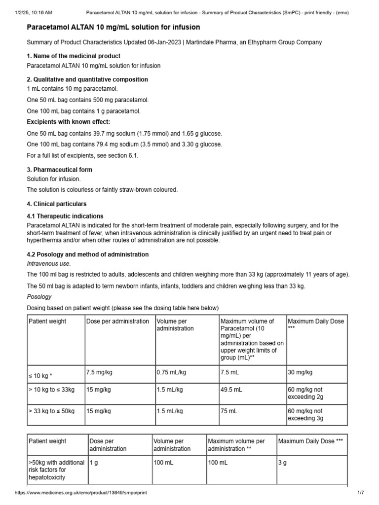 Paracetamol ALTAN 10 MG - ML Solution For Infusion - Summary of Product ...