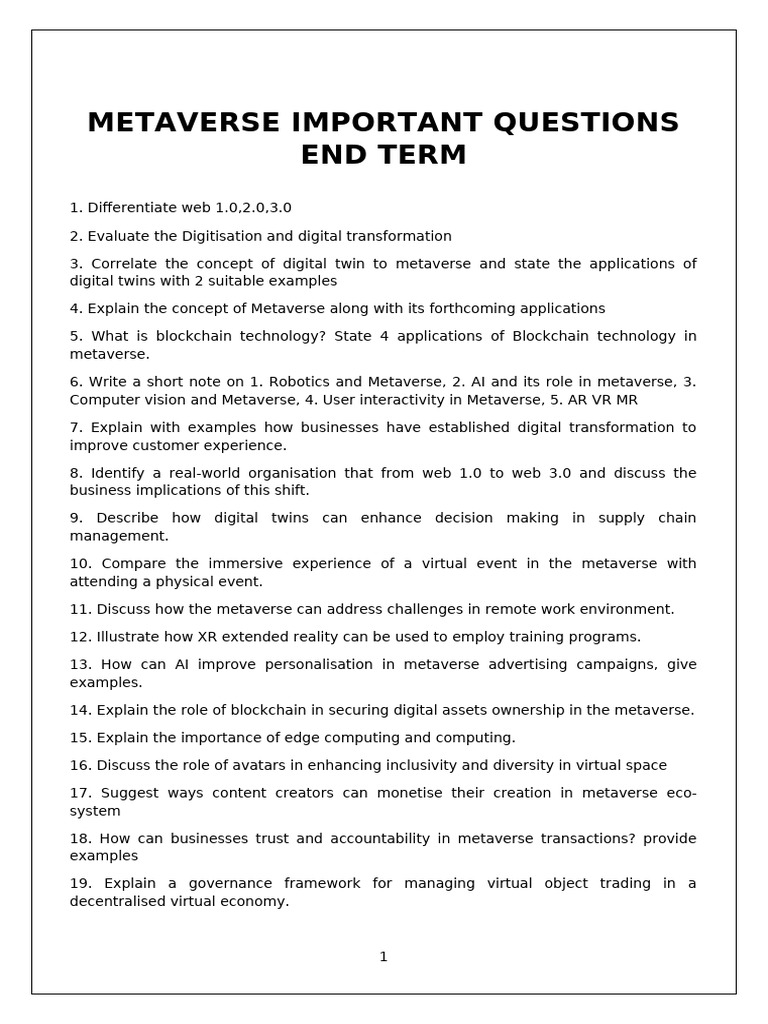 Metaverse Important Questions | PDF | Augmented Reality | Virtual Reality