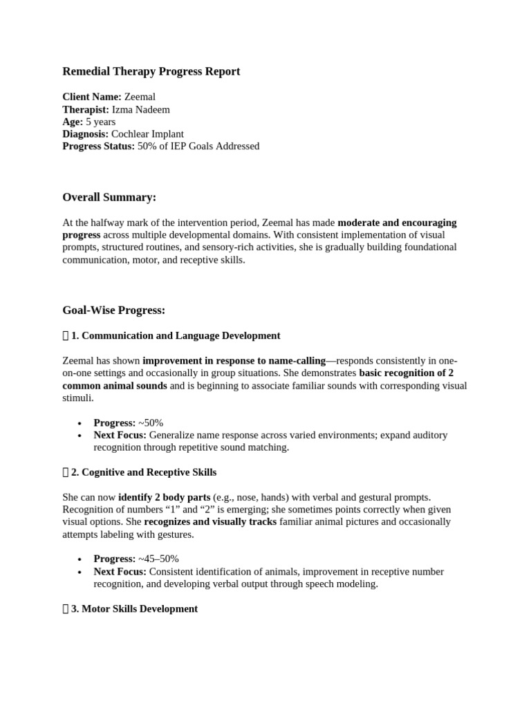Remedial Therapy Progress Report Zeemal Pdf Communication Learning