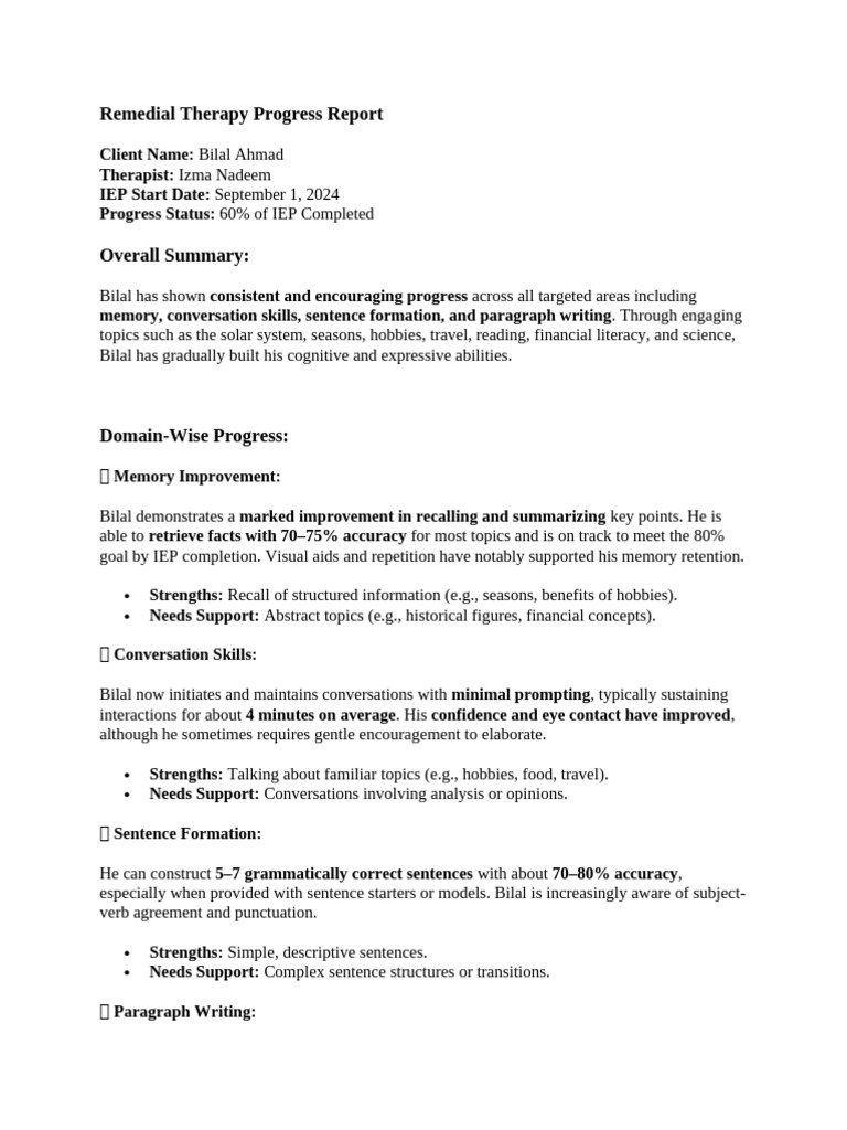 Remedial Therapy Progress Report Bilal | PDF | Memory | Psychology