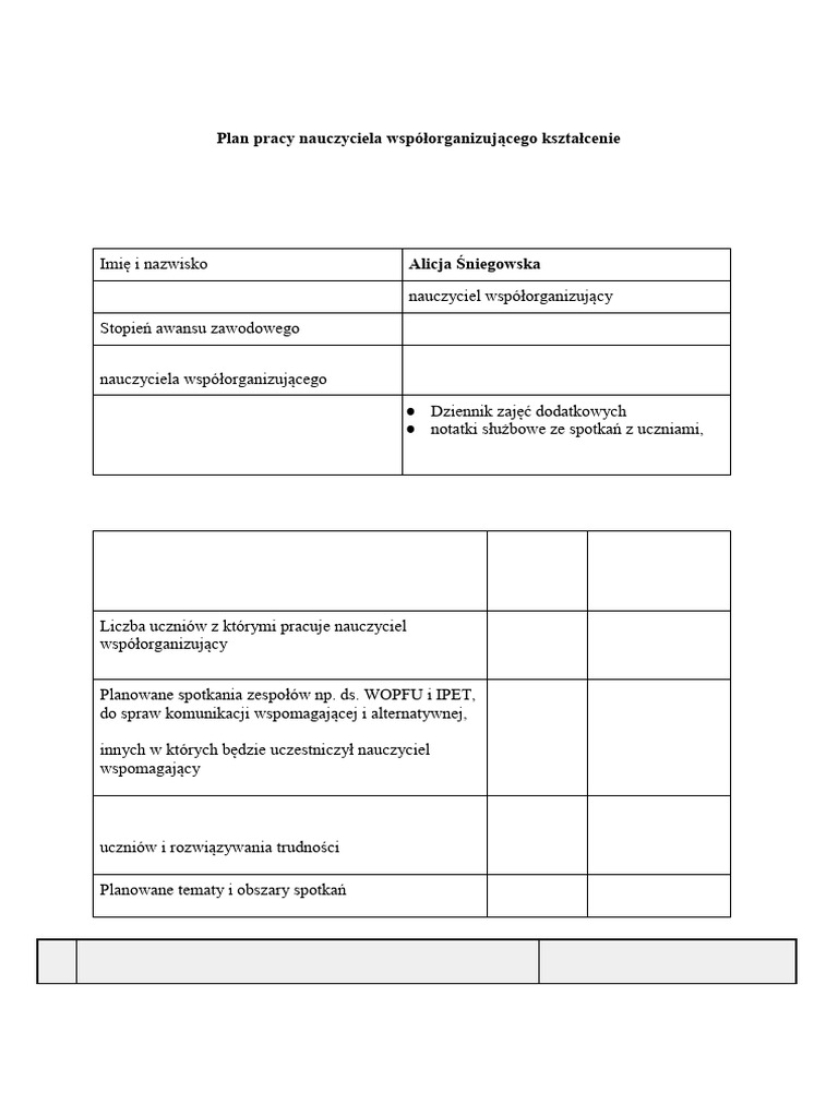 Plan Pracy Nauczyciela Wspomagającego | PDF