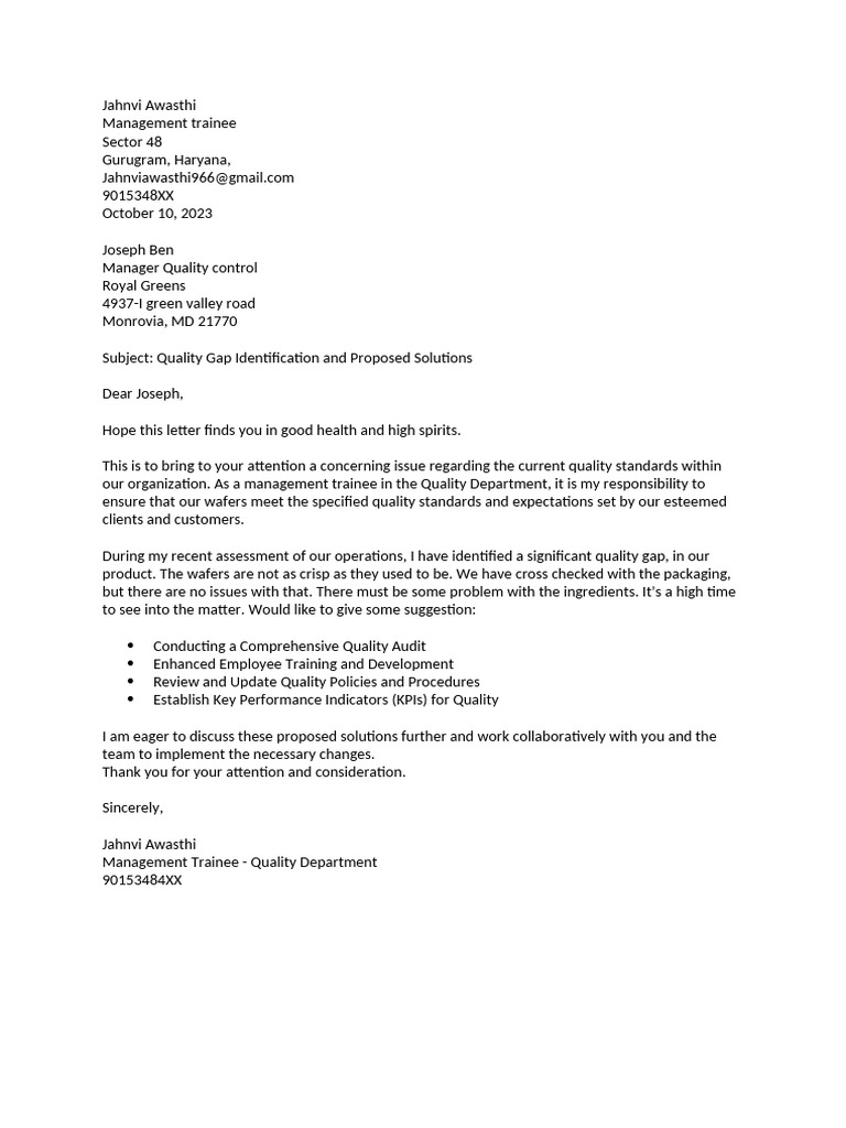 Business Letter - Quality Control | PDF