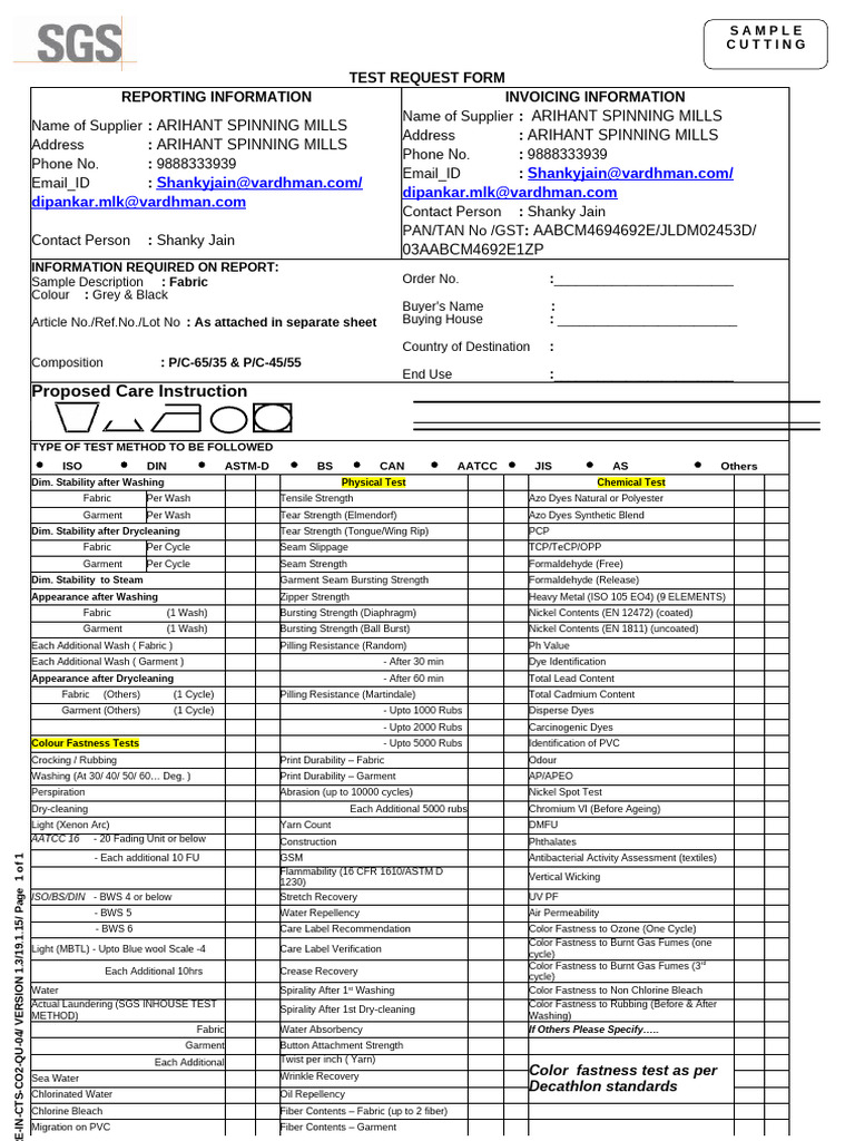 SGS TRF For Sample Testing | PDF | Textiles | Materials