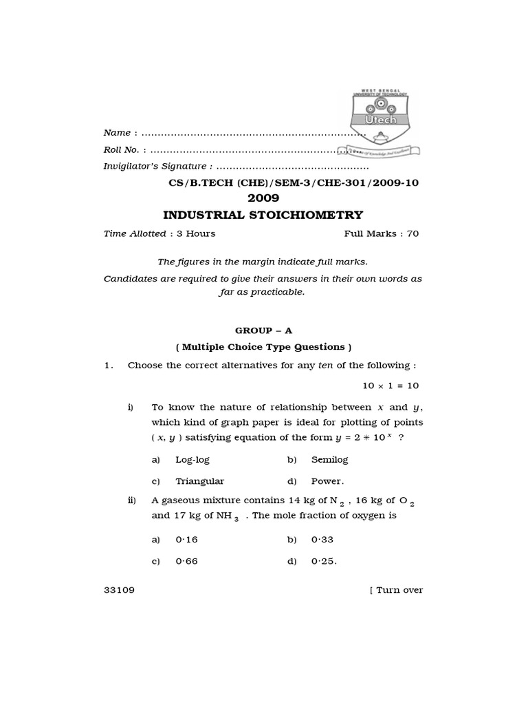 Btech Che 3 Sem Industrial Stoichiometry 2009 | PDF | Humidity | Water