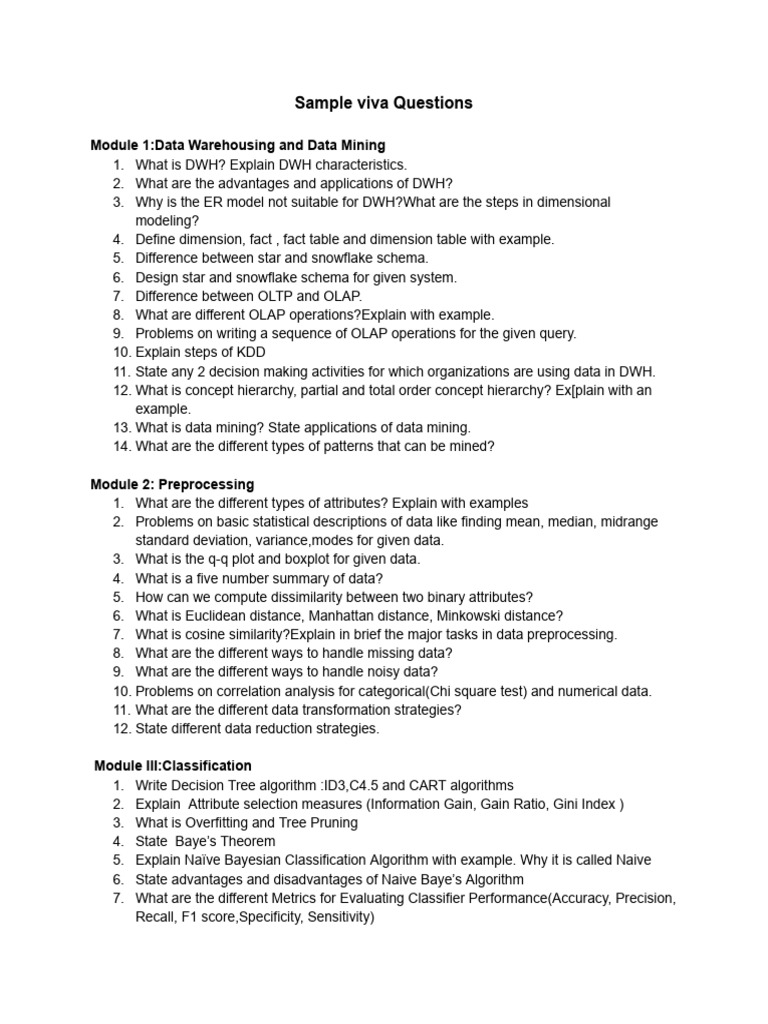 DMBI-Viva Sample Questions | PDF | Cluster Analysis | Data Warehouse